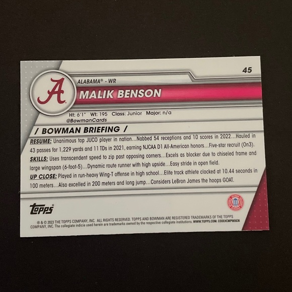 Topps | Toys | Malik Benson Alabama Crimson Tidel University Of Alabama ...